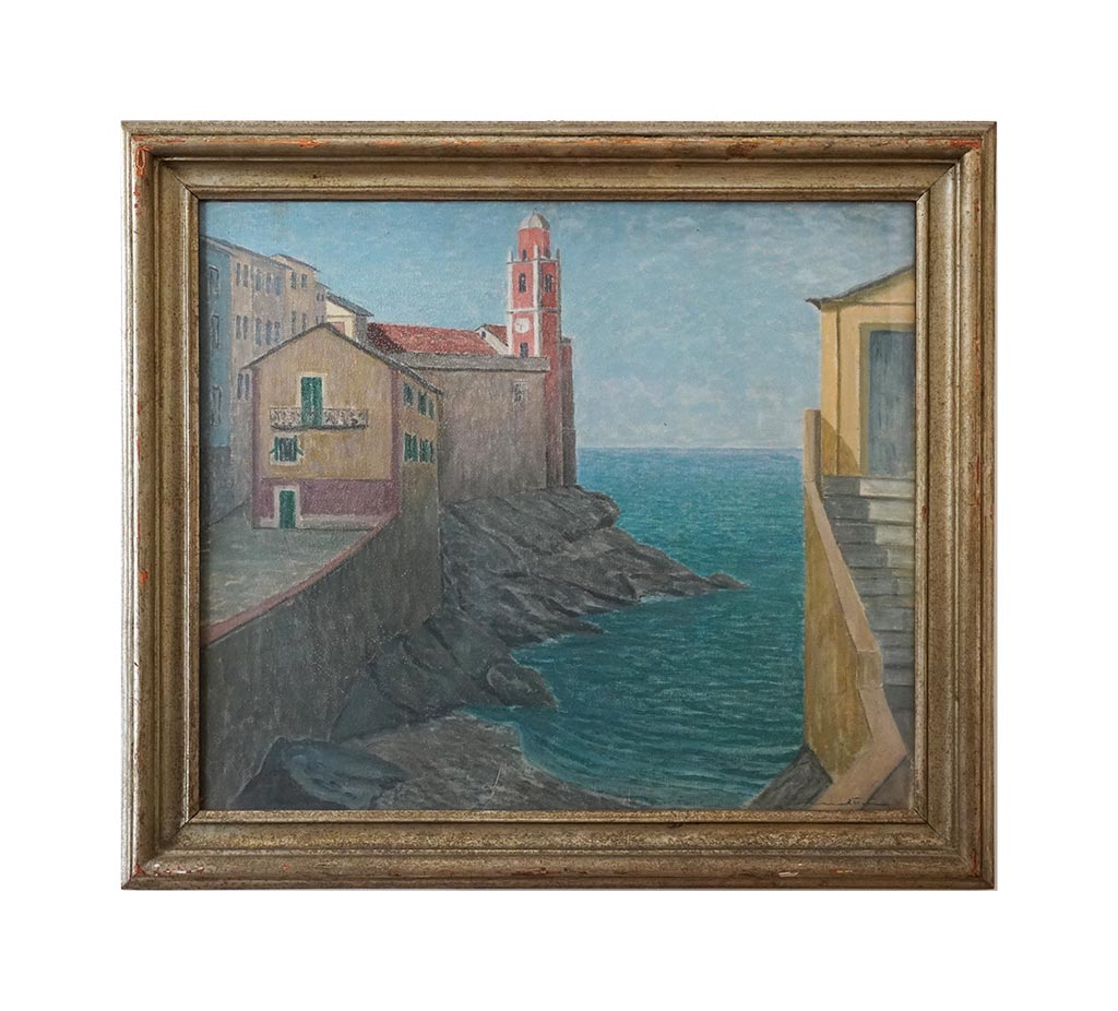 Giovanni Battista Molteni: dipinto ad olio su tela, borgo sul mare ...